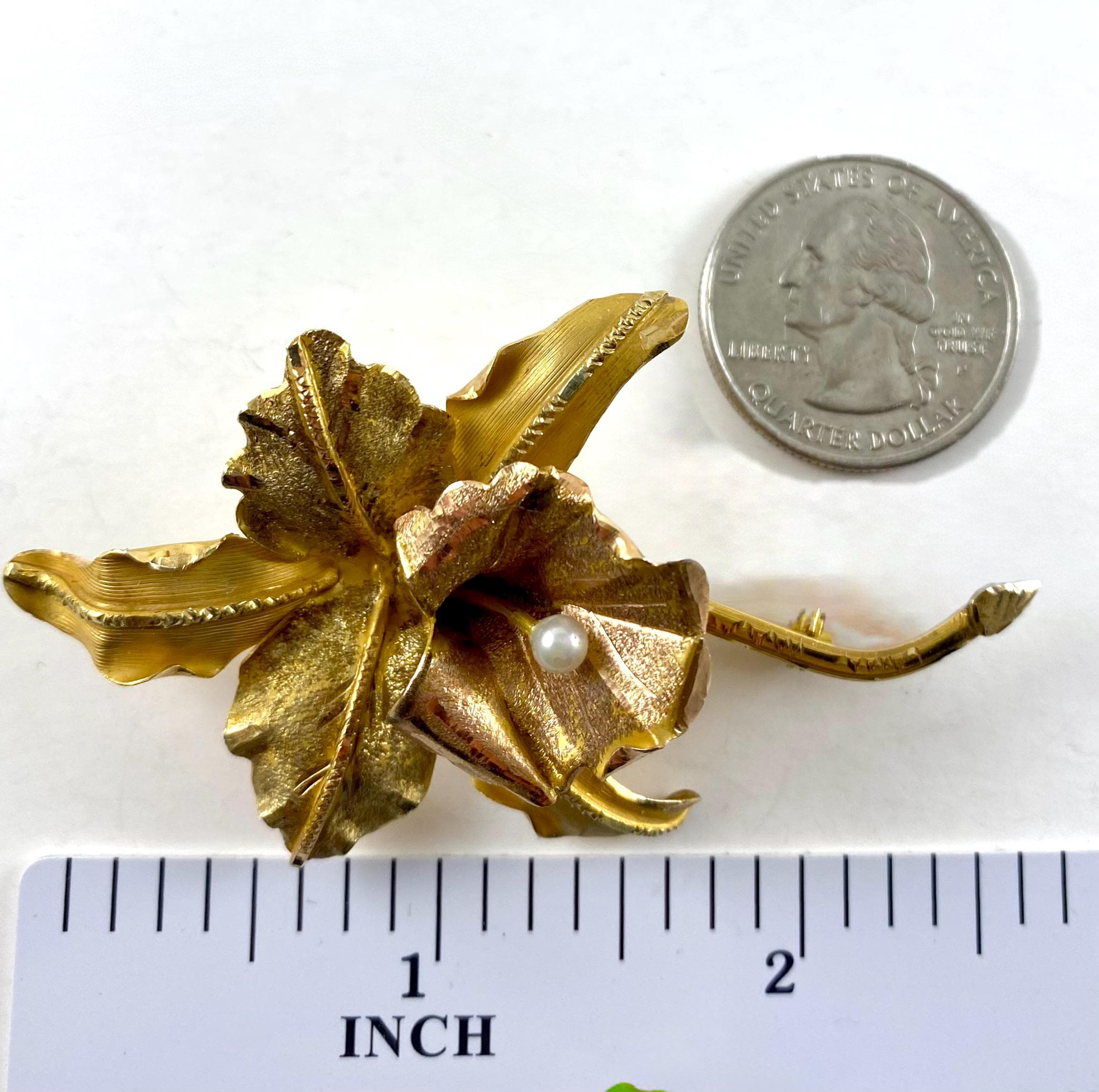 Vintage Gold Orchid Flower Brooch, Pin, 18k, Pearl, Flower Pin ...