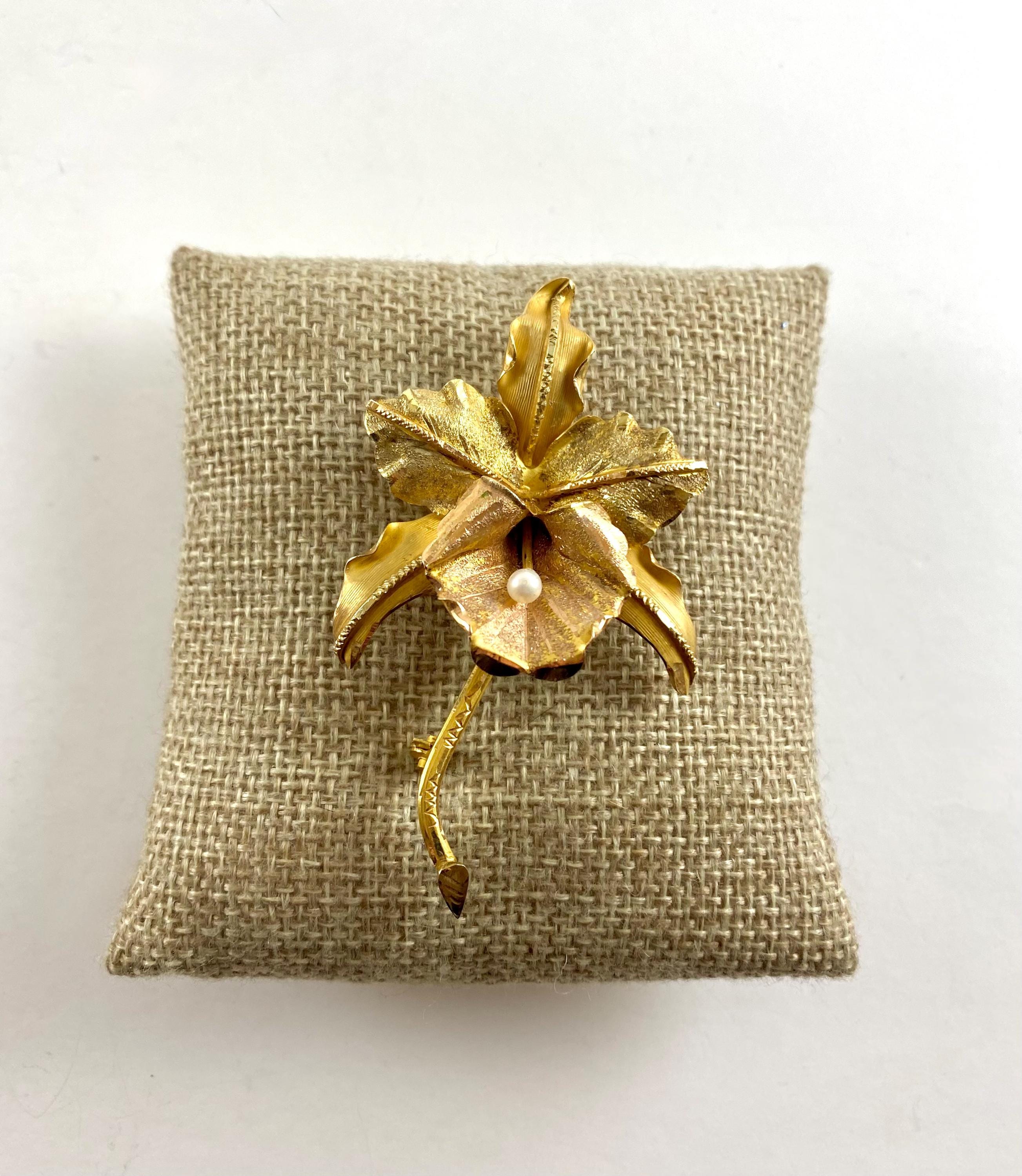 Vintage Gold Orchid Flower Brooch, Pin, 18k, Pearl, Flower Pin ...