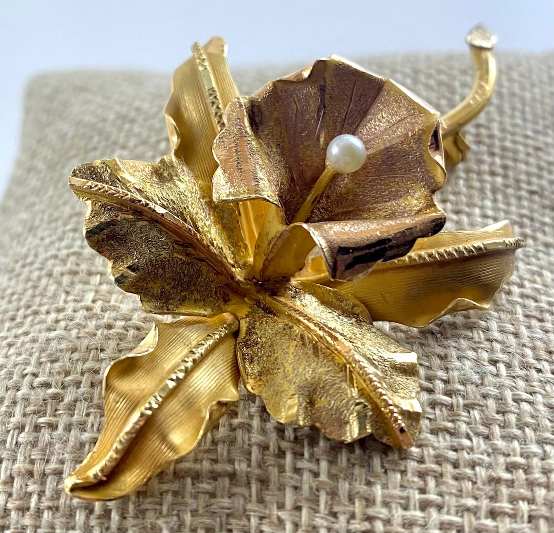 Vintage Gold Orchid Flower Brooch, Pin, 18k, Pearl, Flower Pin ...