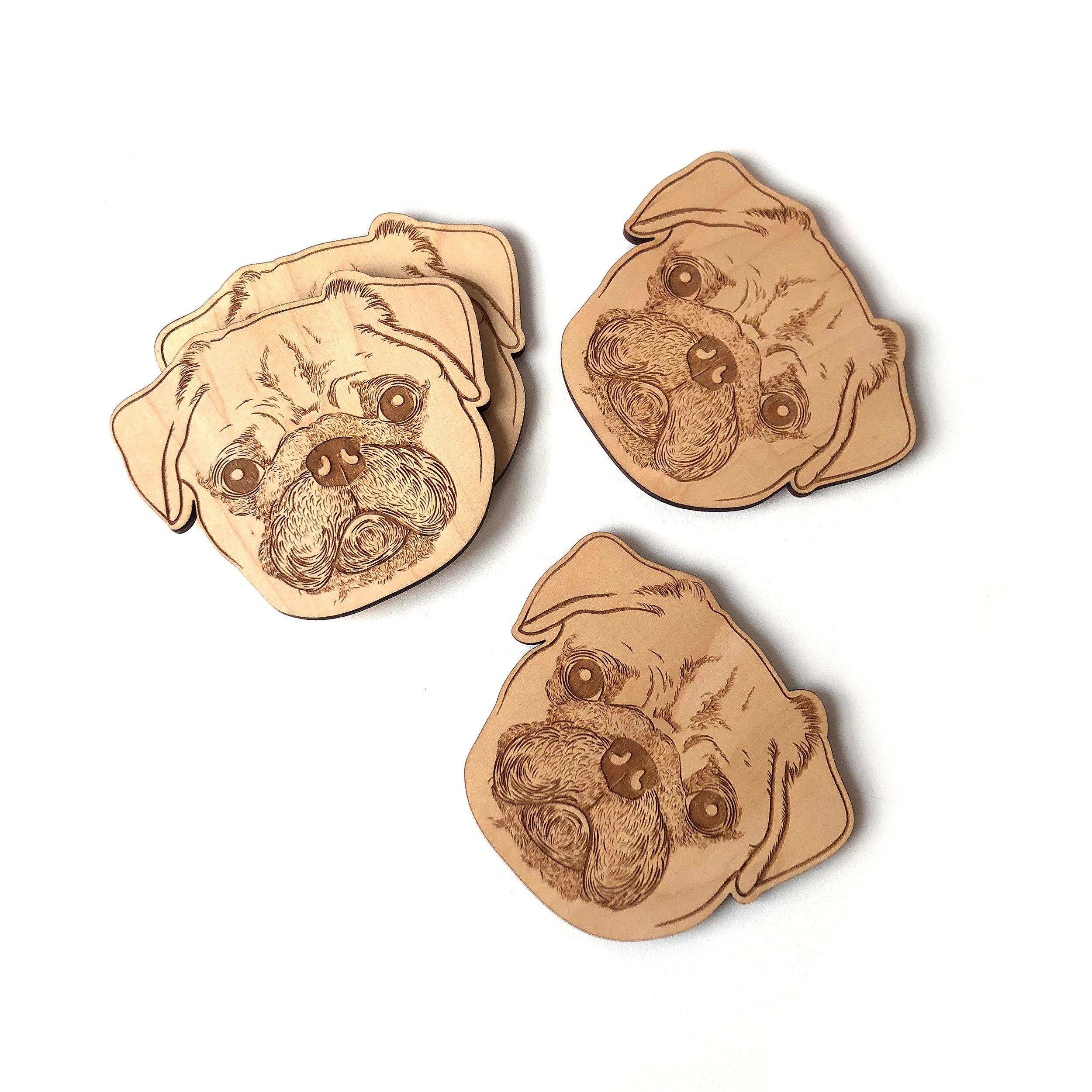Pug Dog Coaster Set Laser Cut Coasters Wooden Coasters | Etsy
