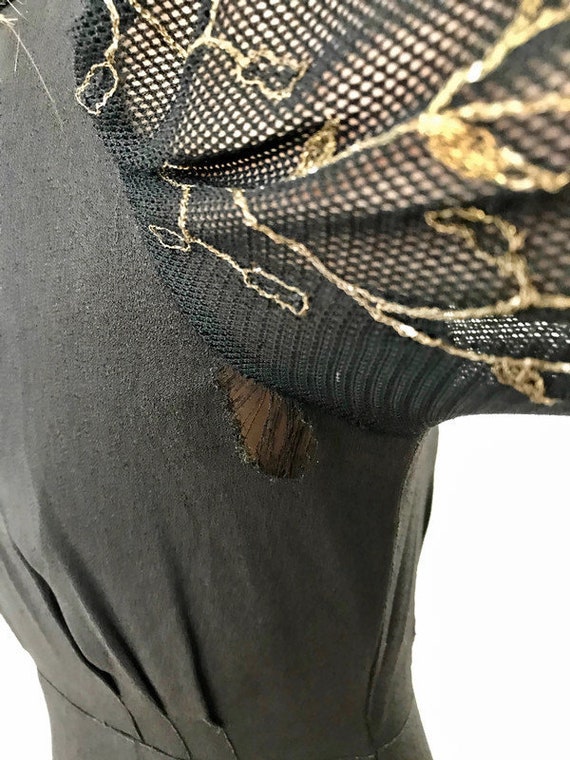 Vintage Embroidered Black and Gold Net Sleeve Dress - Gem