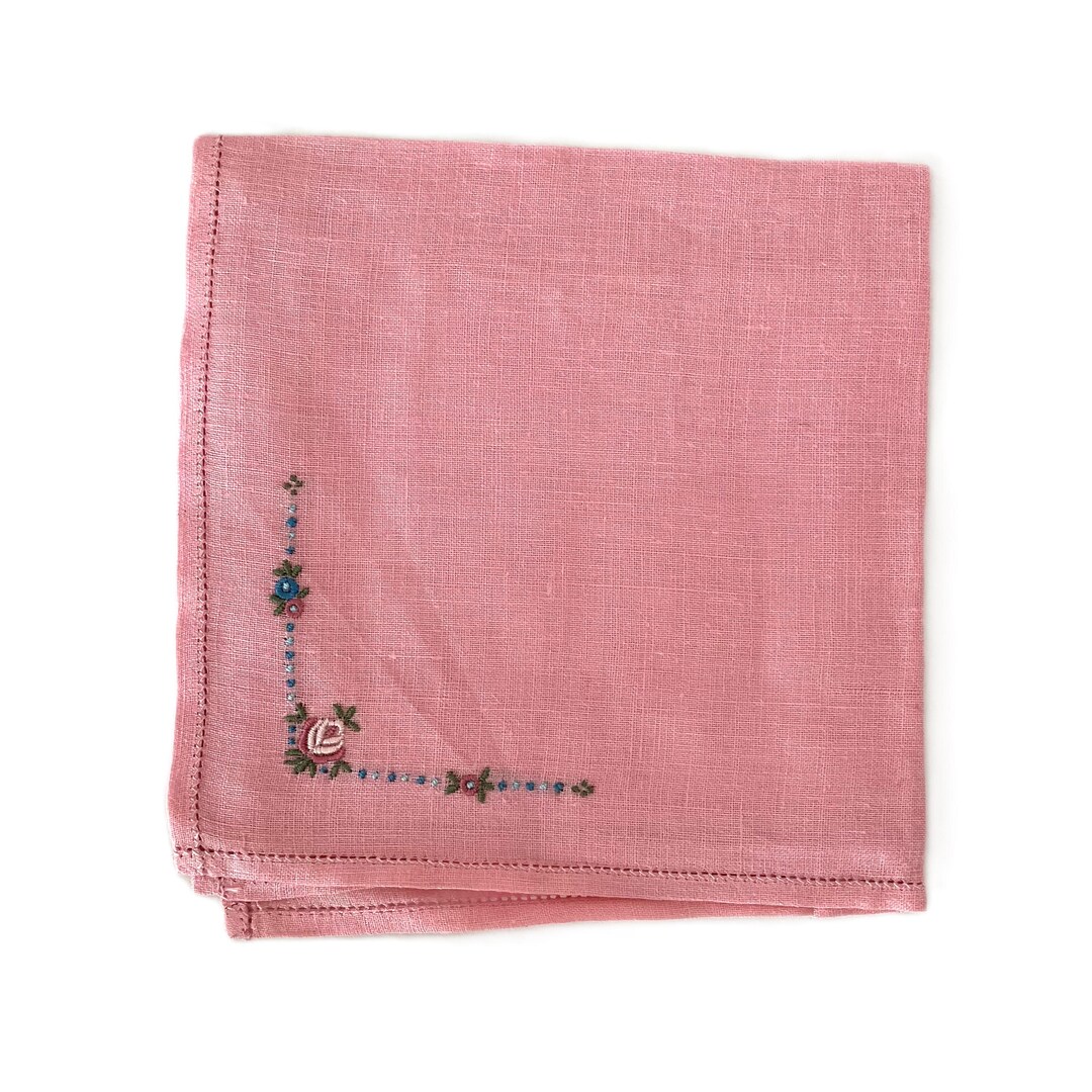 Vintage Embroidered Linen Handkerchief | Pink Floral Motif | Midcentury ...