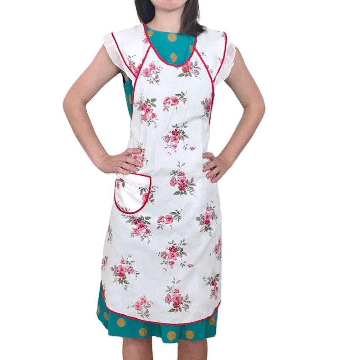 Vintage 1950s Full Apron | Pink Floral Shawl Collar | Ruffled Bib Apron ...