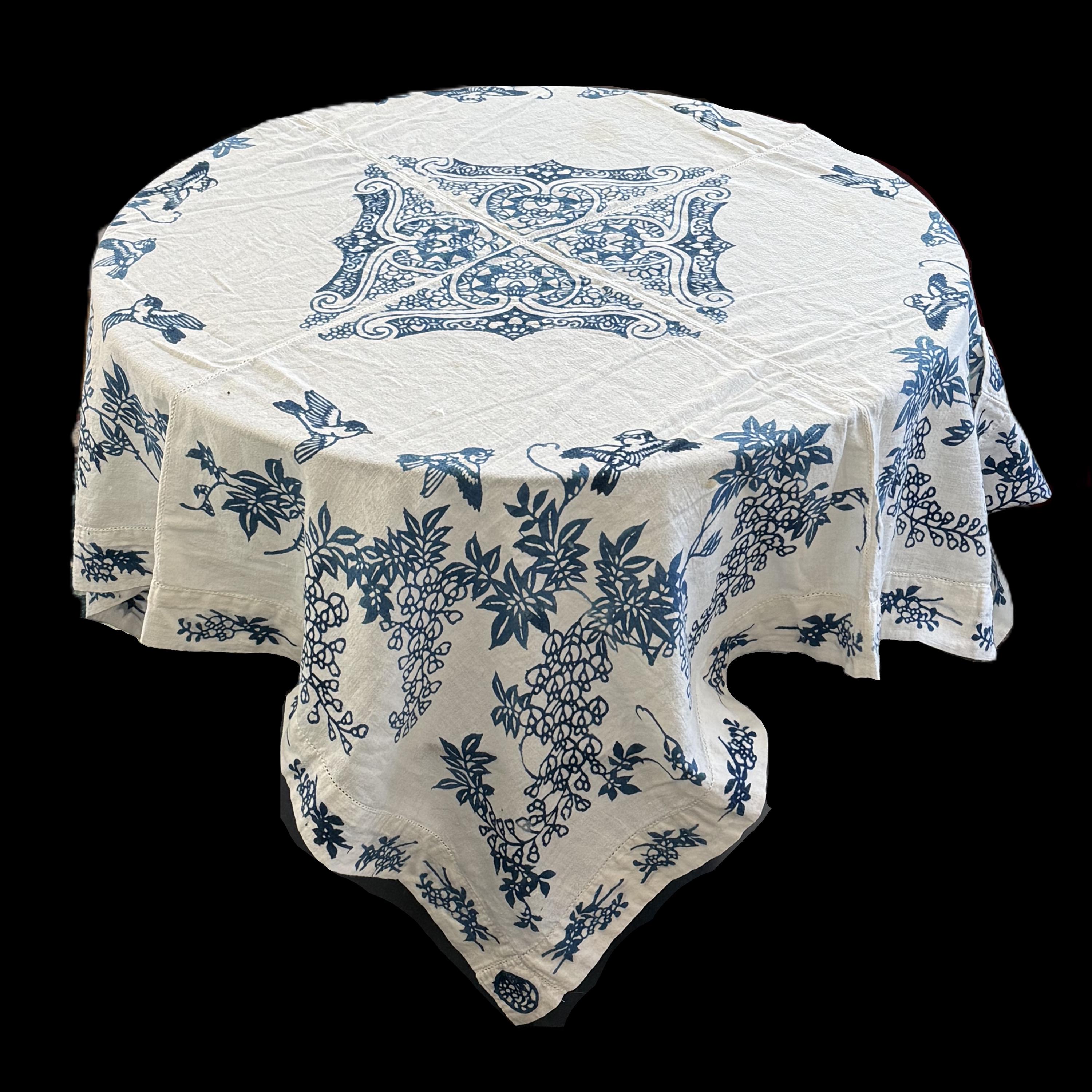 Vintage Blue White Floral Bird Batik Tablecloth | Mid Century Cotton ...