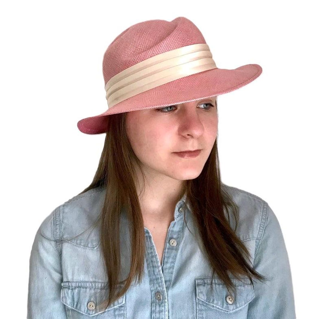 Vintage Pink Straw Hat | White Satin Bow, Beaded Accent (22 Inch Head ...