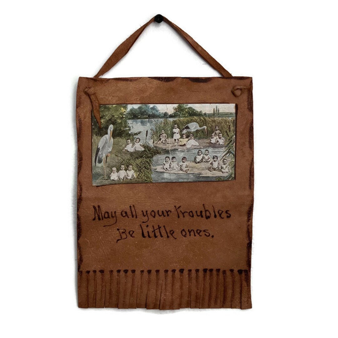 Antique Leather Wall Hanging | 1900-1930 Stork Baby Art | Pyrography ...