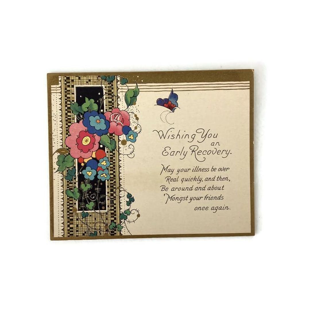 1930s Art Deco Get Well Card | Vintage Pink Blue Flowers | Metallic ...