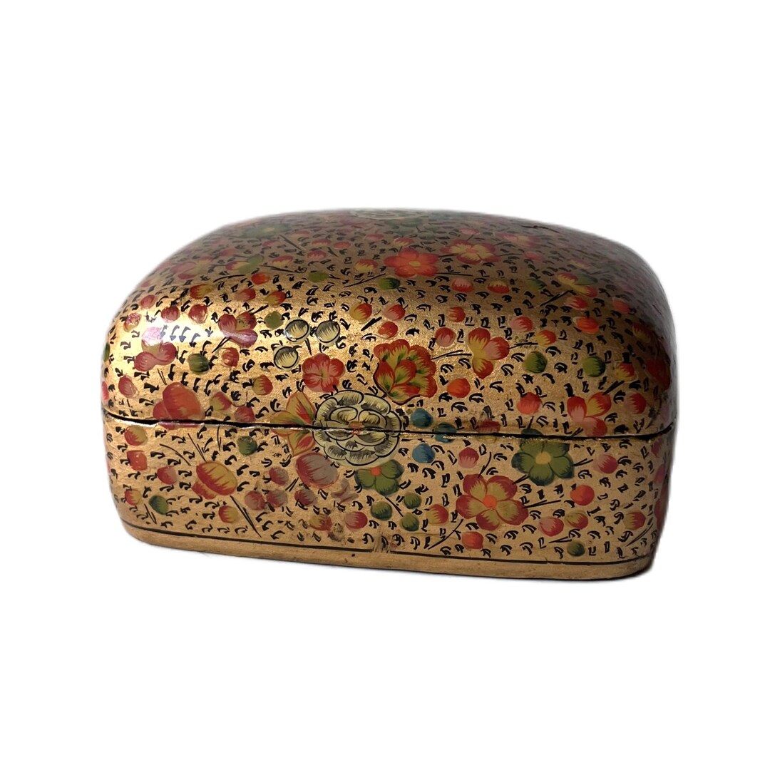 Vintage Kashmir Paper Mache Box Hand Painted Indian Trinket Box Gold ...