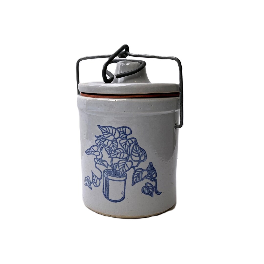 Vintage Stoneware Crock | Blue Plant Design, Wire Bail Lid - Etsy