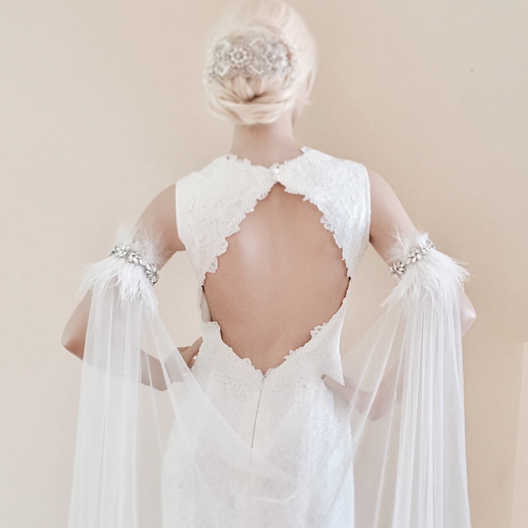 Veil Cape With Feather | Cathedral Veil Cape | Bridal Cape | Silky ...