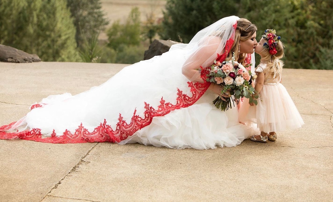Red Lace Veil | Cathedral Veil | Red Sequined Lace | Red Appliques Veil ...