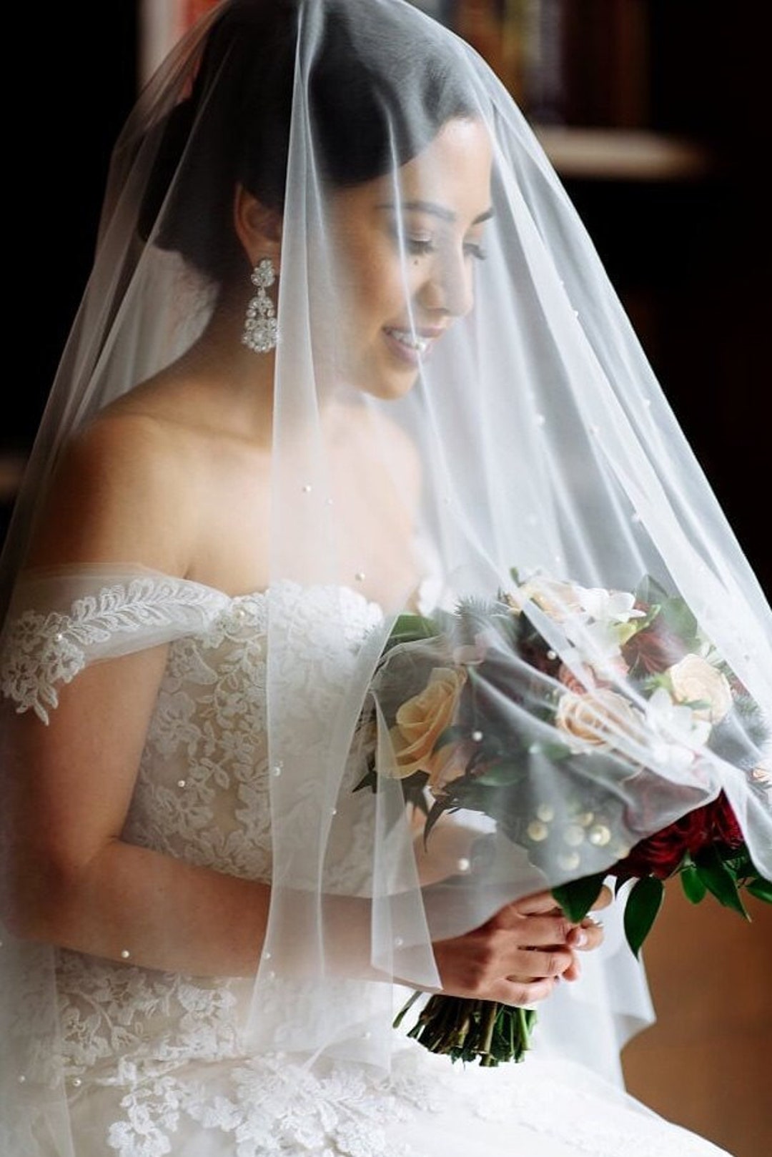 Drop Style Pearl Veil Wedding Veil Veil With Pearls Mantilla Veil With ...