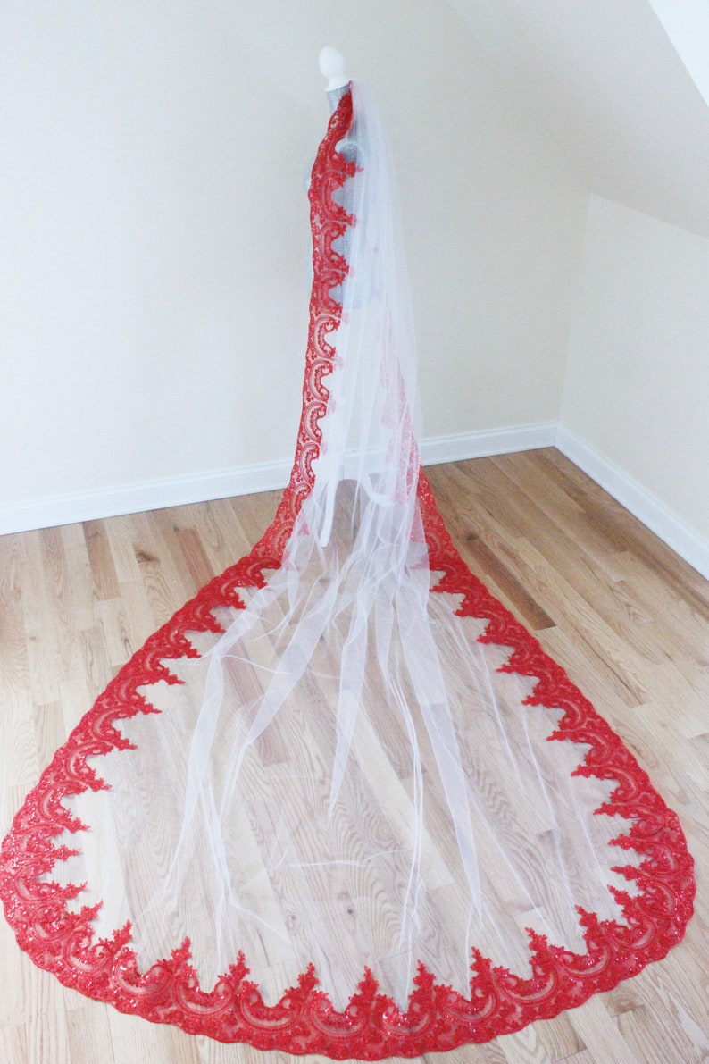 Red Lace Veil Cathedral Veil Red Sequined Lace Red - Etsy UK