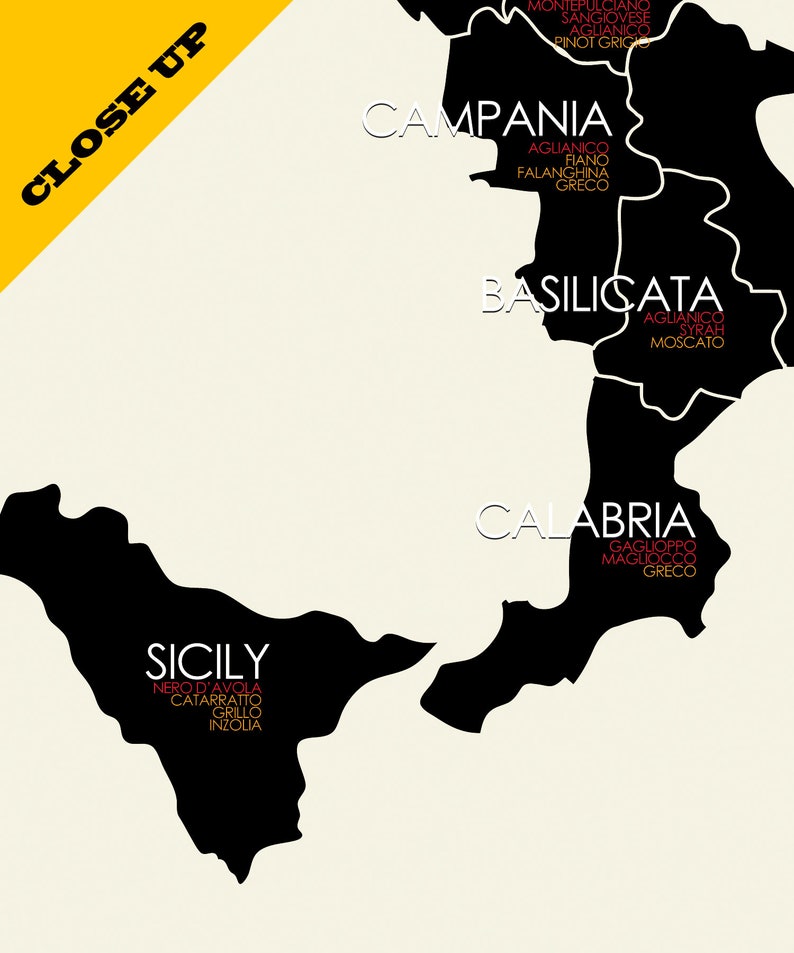 Italy Wine Regions and Grape Varieties Minimalist Map 13 X - Etsy