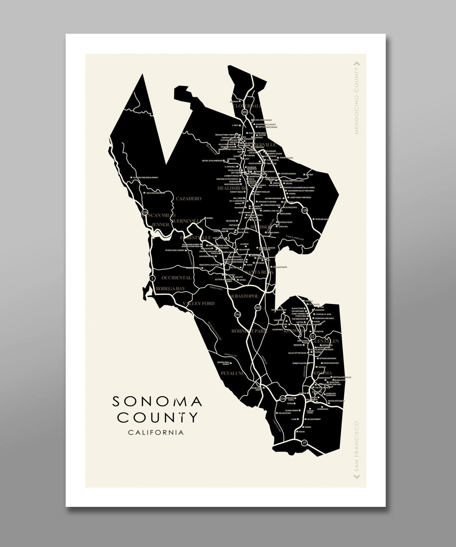 Sonoma County Minimalist Wine Map - Wine Poster - 13x19, 16x24 or 24x36 ...