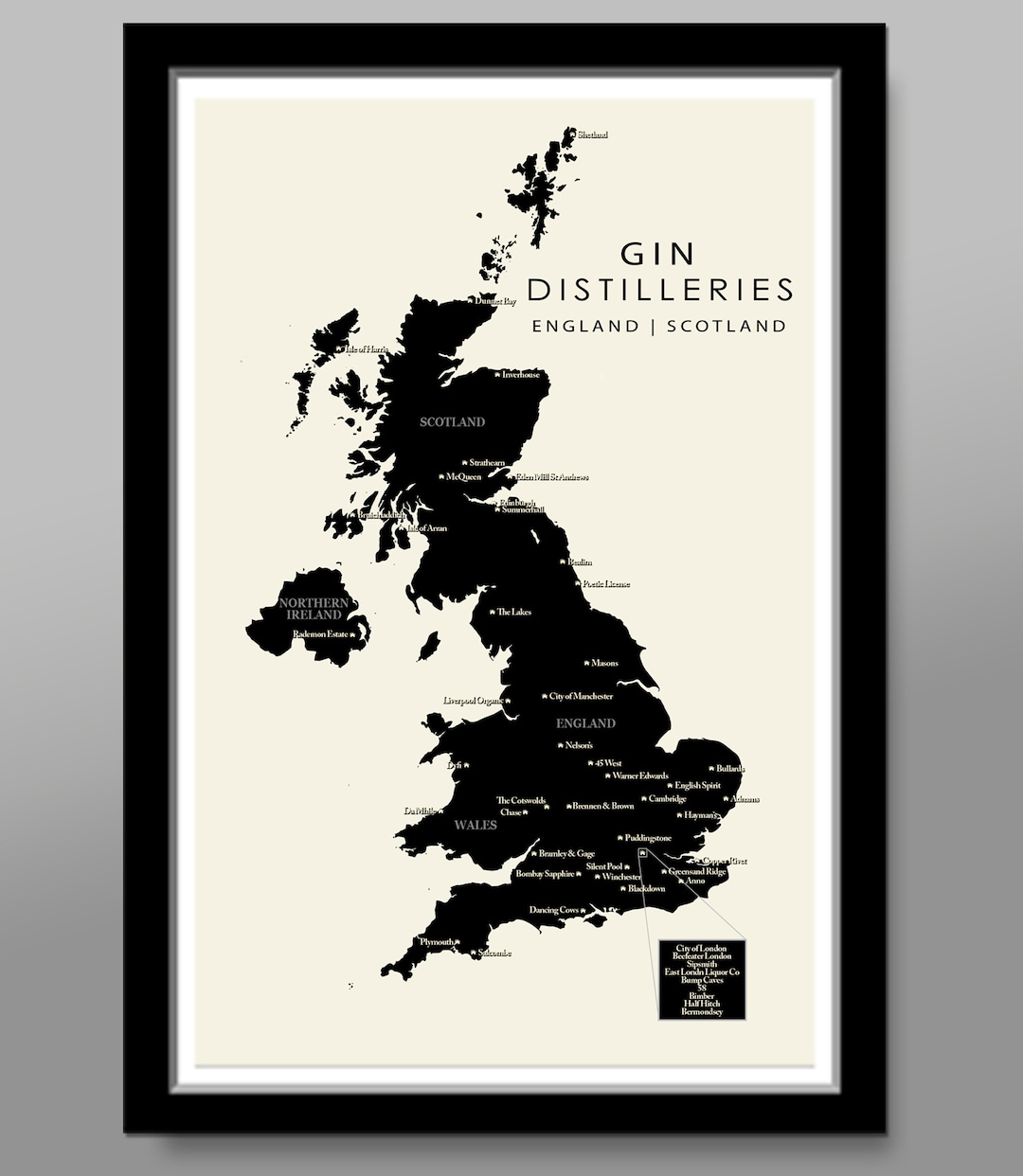 Gin Distilleries England & Scotland Minimalist Map - Wine Map - 13x19 ...