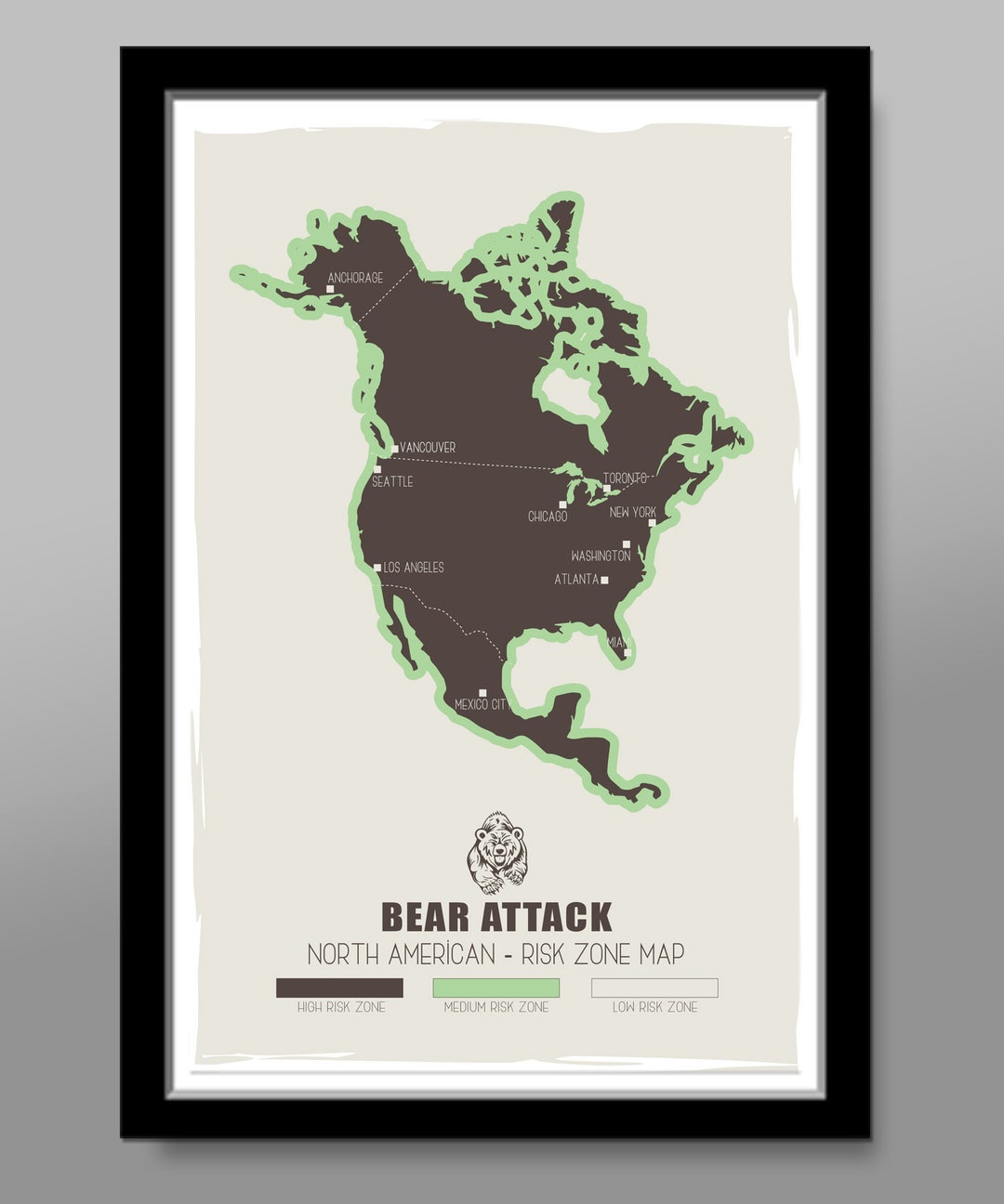 Bear Attack Safe Zones North America Poster 13x19 16x24 or - Etsy