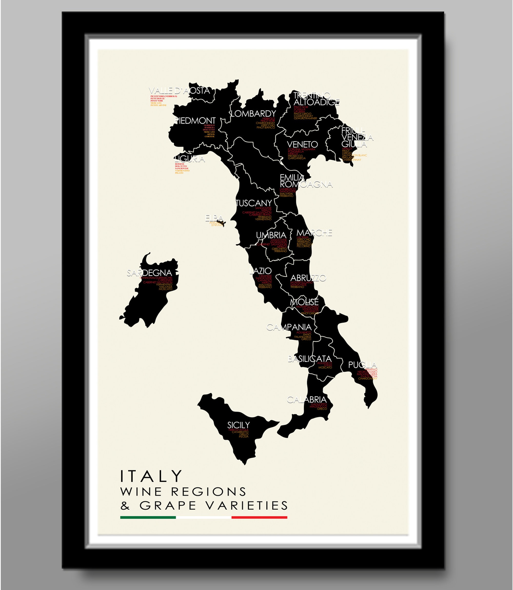 Italy Wine Regions and Grape Varieties Minimalist Map - Wine Poster ...