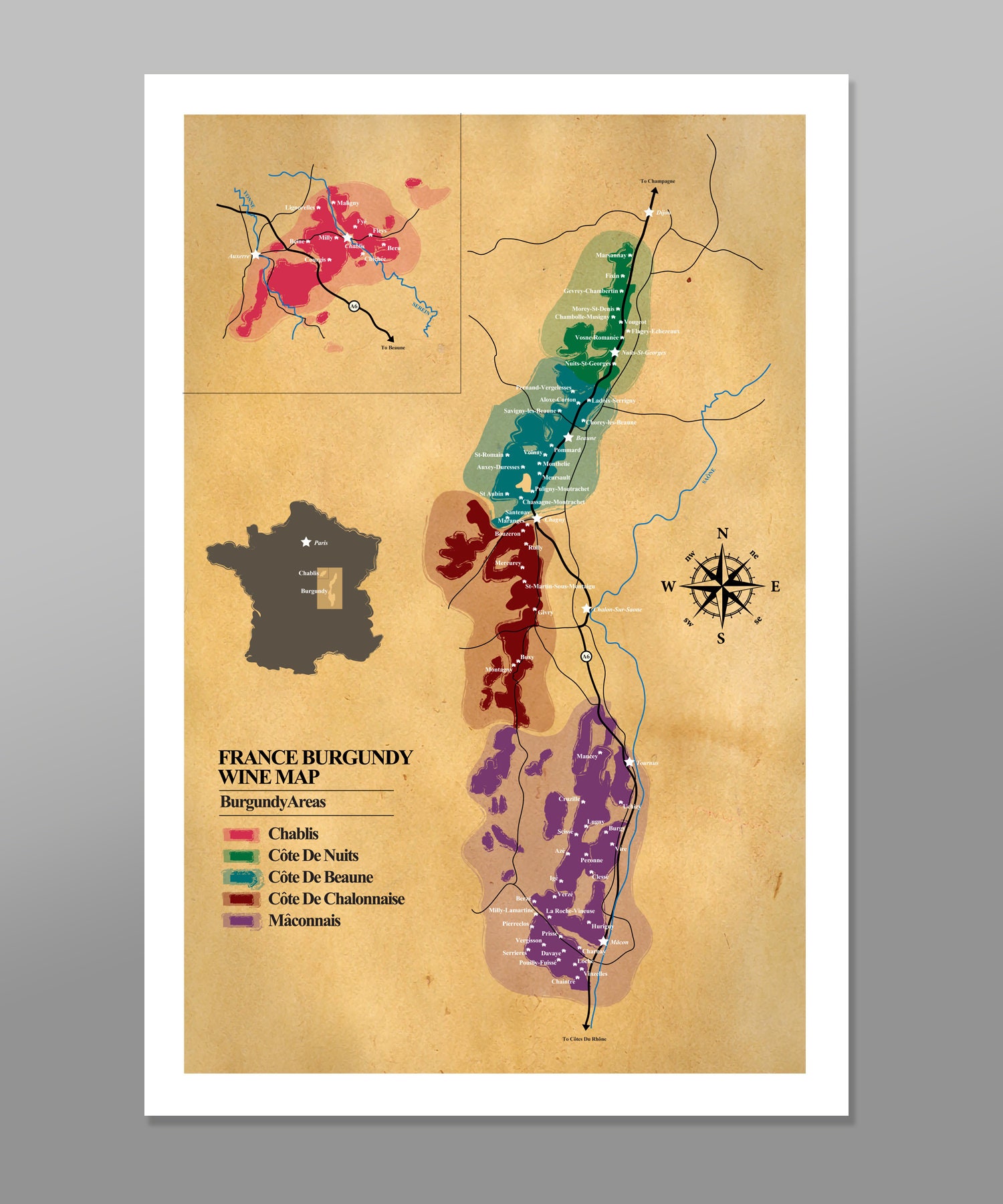 Classic Burgundy Regions of France Wine Map - 13x19 16x24 or 24x36 ...