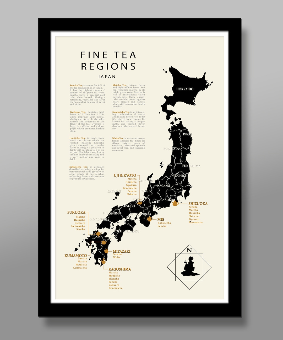 Japanese Tea Regions - Japan Map - 13x19, 16x24 or 24x36 Inches - Home Decor - Etsy