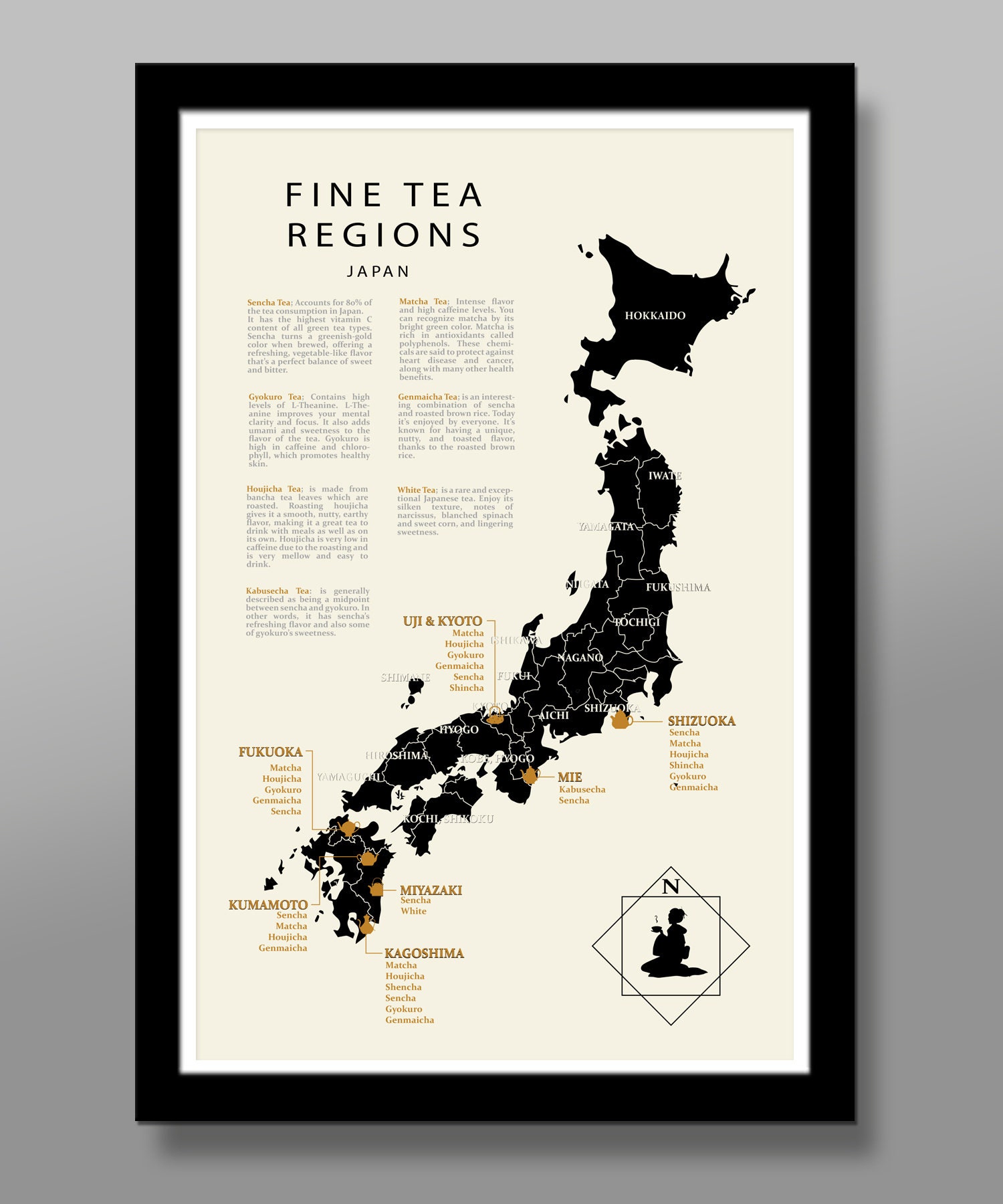 Japanese Tea Regions - Japan Map - 13x19, 16x24 or 24x36 Inches - Home ...