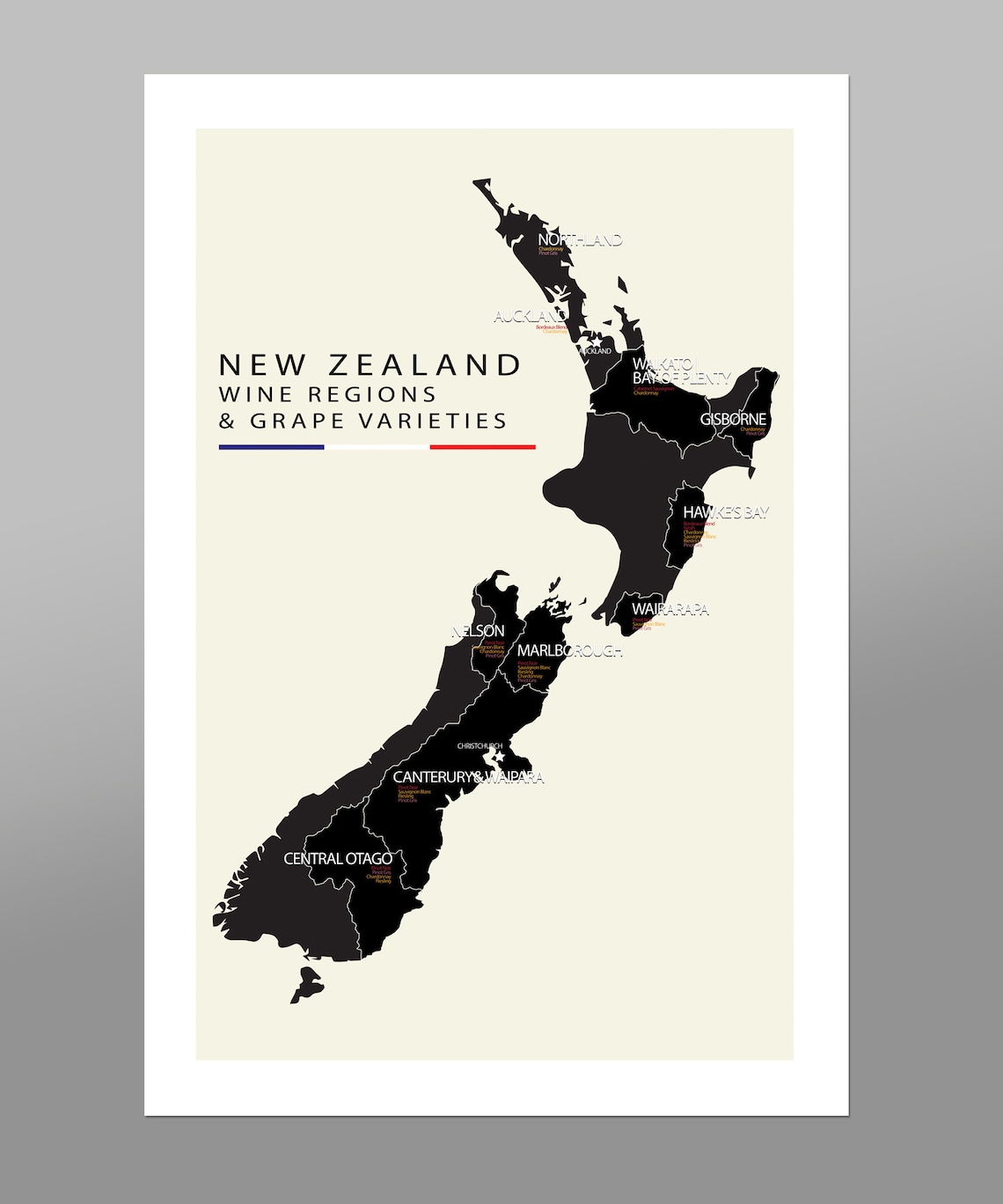 New Zealand Wine Regions and Grape Varieties Minimalist Map - 13 X 19 ...