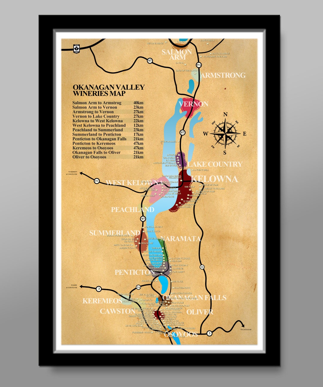 Okanagan Valley Wineries Poster - 13x19 16x24 or 24x36 or 12x36 ...