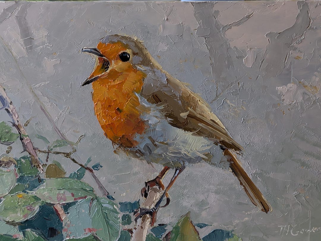 Robin Oil Painting: Palette Knife Bird Art on Wood Panel (7x5") - Etsy