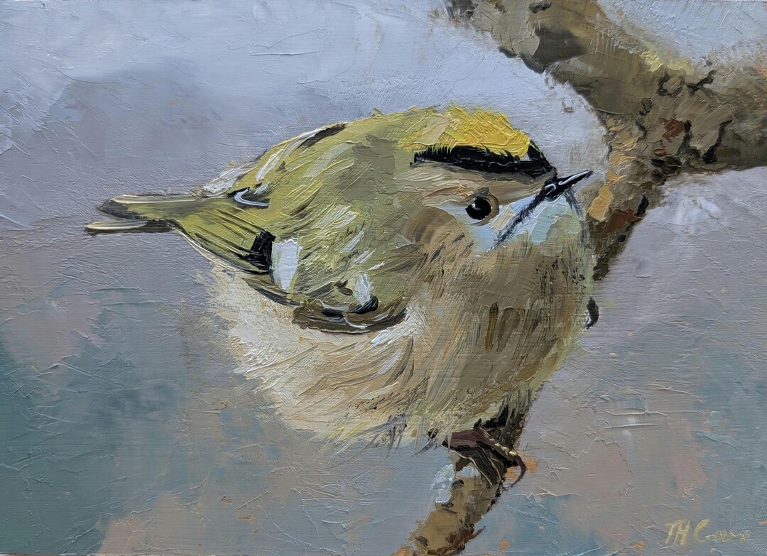 Goldcrest III on a Wooded Branch, Garden Visitor, Original Oil Painting ...