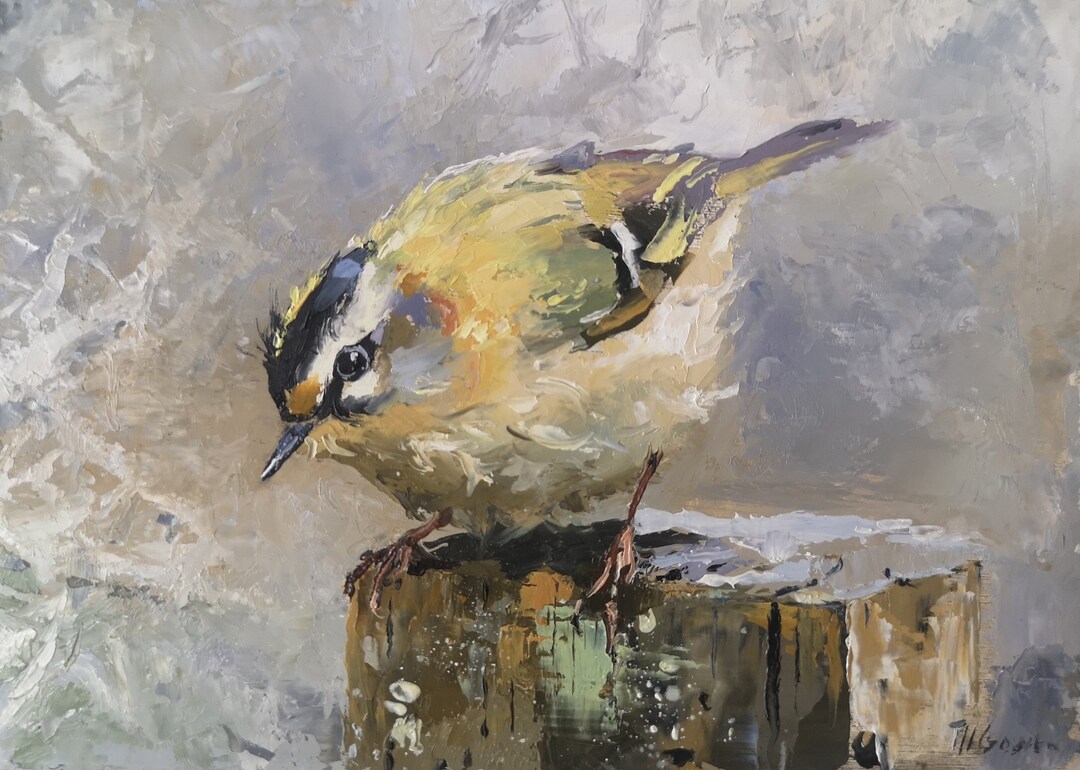 Goldcrest II on a Wooded Stump, Garden Visitor, Original Oil Painting ...