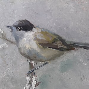 Dipinto a olio di uccello capinera: arte animale invernale (7 x 5 ...