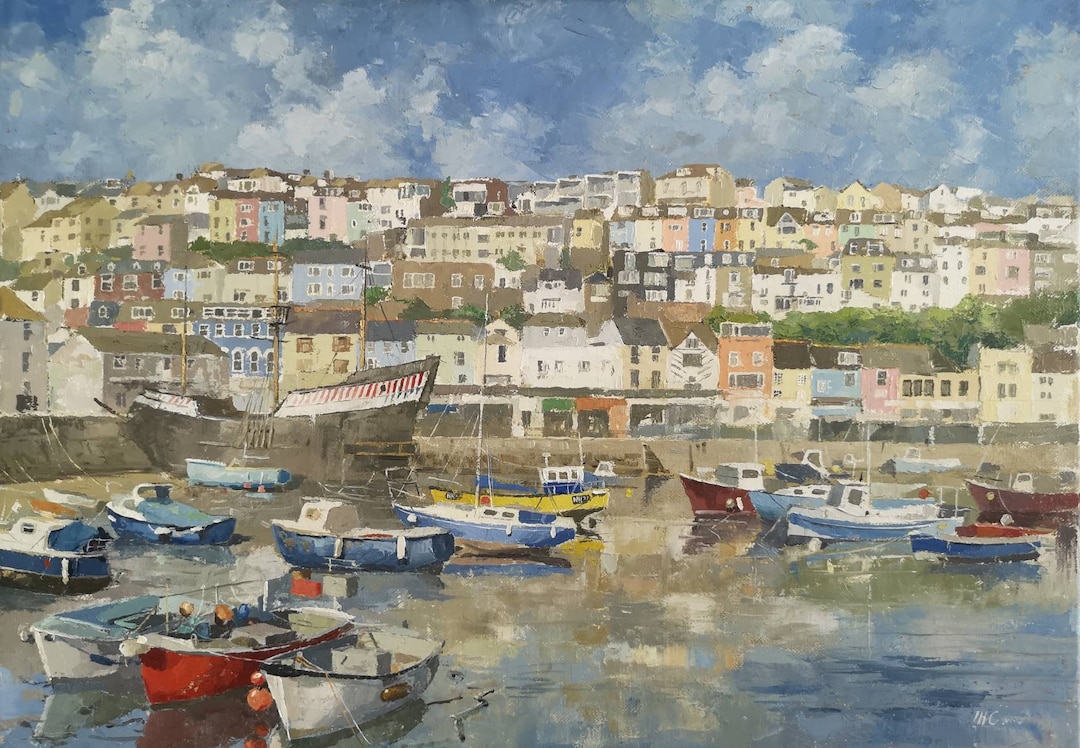 Boats in the Harbour Brixham, Devon 60x42 Cm, Oil on Canvas Wall Art - Etsy