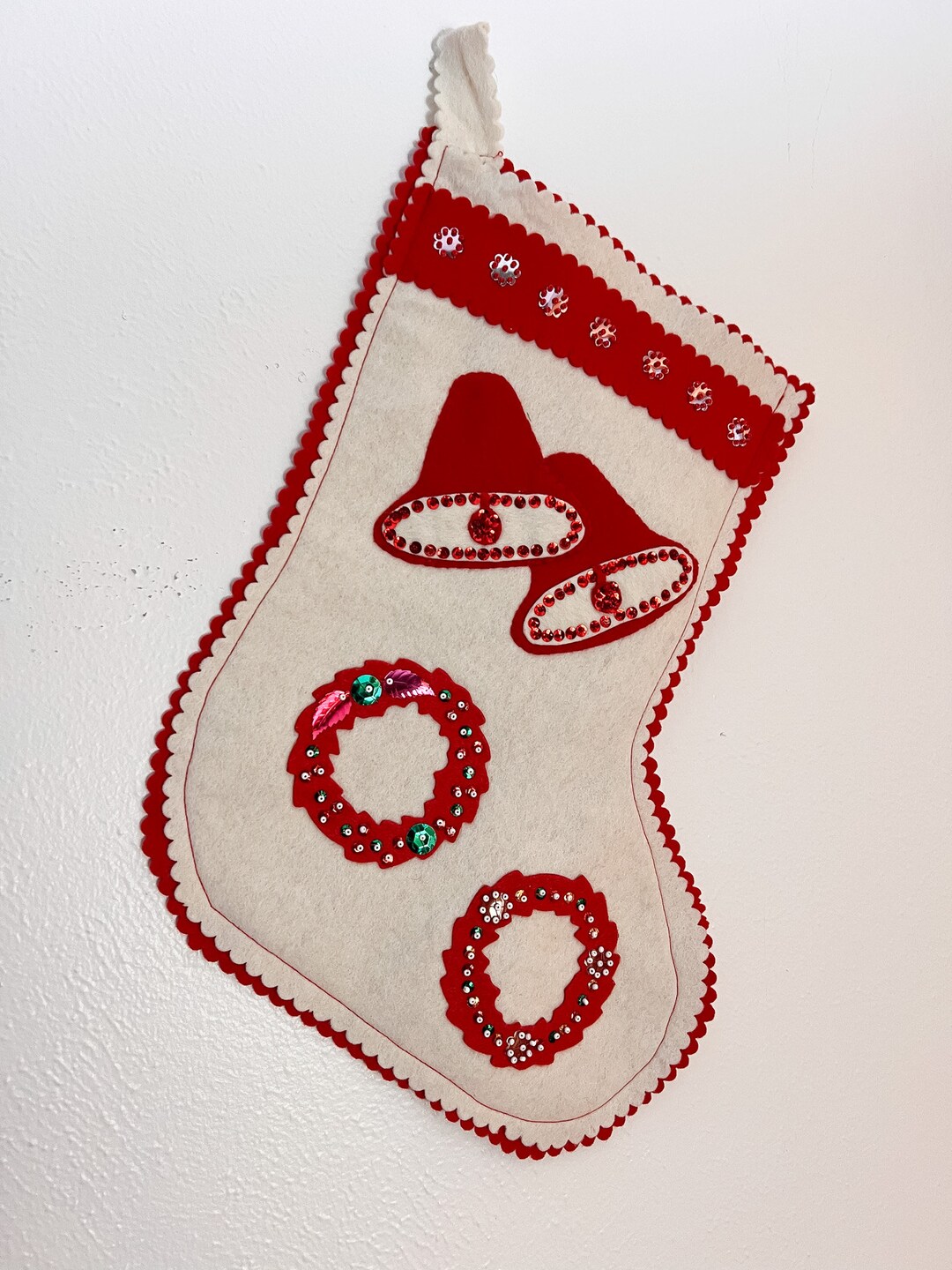 Vintage Red and White Felt Christmas Bell Stocking, Sequin ...