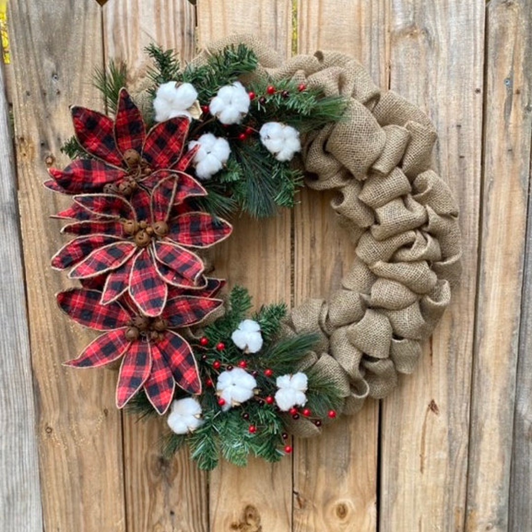 Red & Black Buffalo Plaid Wreath, Buffalo Plaid Poinsettia Burlap Chris ...