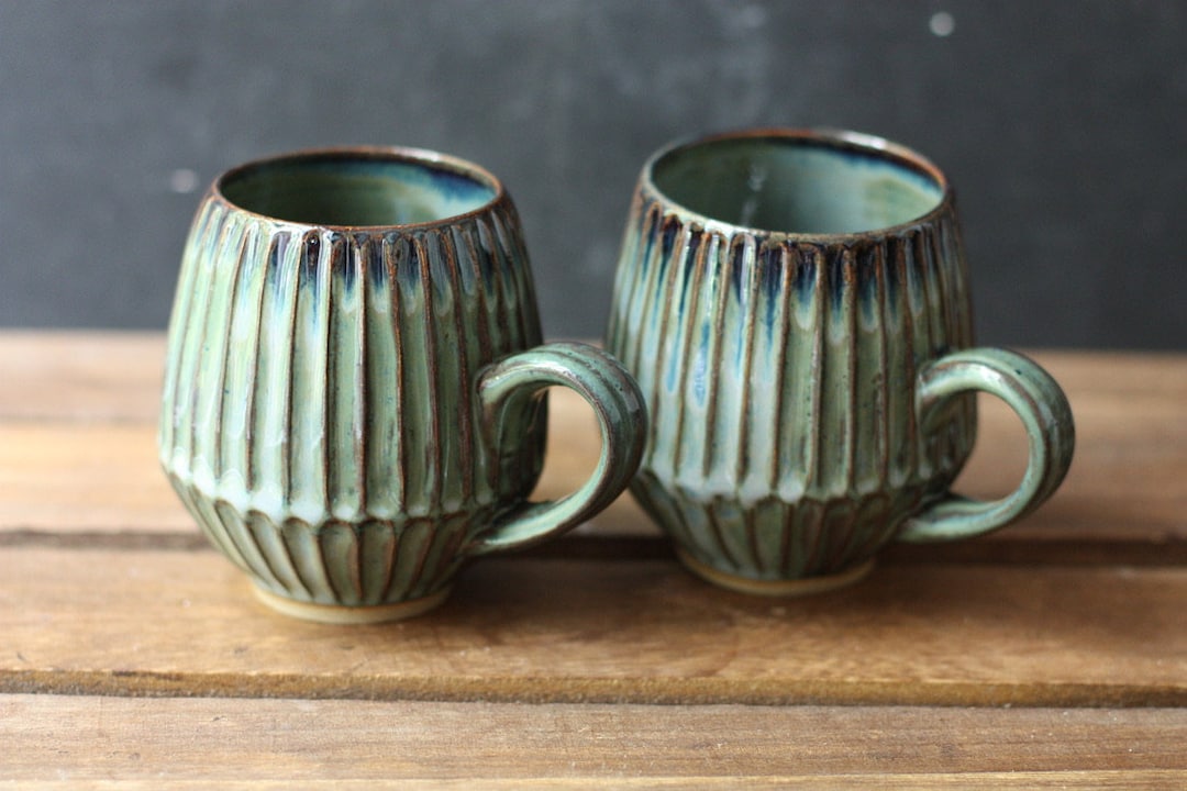Blue Green Mug Tea Cup Handmade Pottery Mug Mug for Latte Hand Carved ...