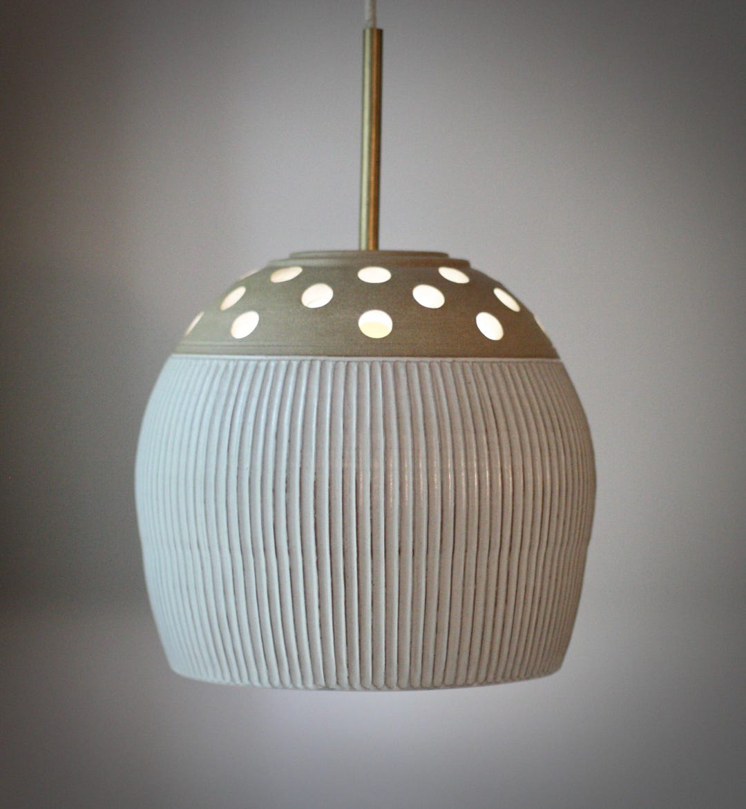 Hand Carved Pottery Pendant Light: Creamy Matte Glaze With Linen Cord ...