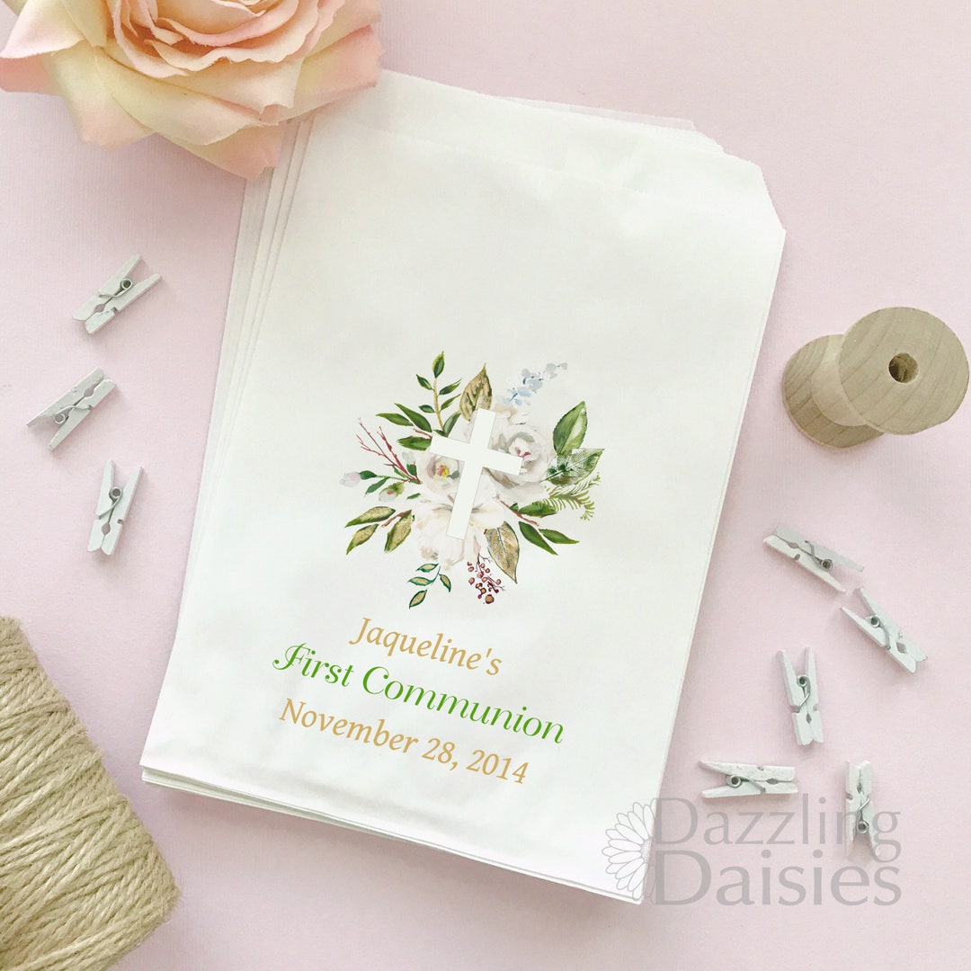 Communion Favor Bags Floral Design, Personalized Christening, Baptism ...