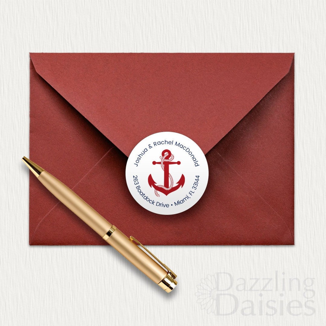 Anchor Address Labels, Nautical Return Mailing Stickers, Round Envelope ...