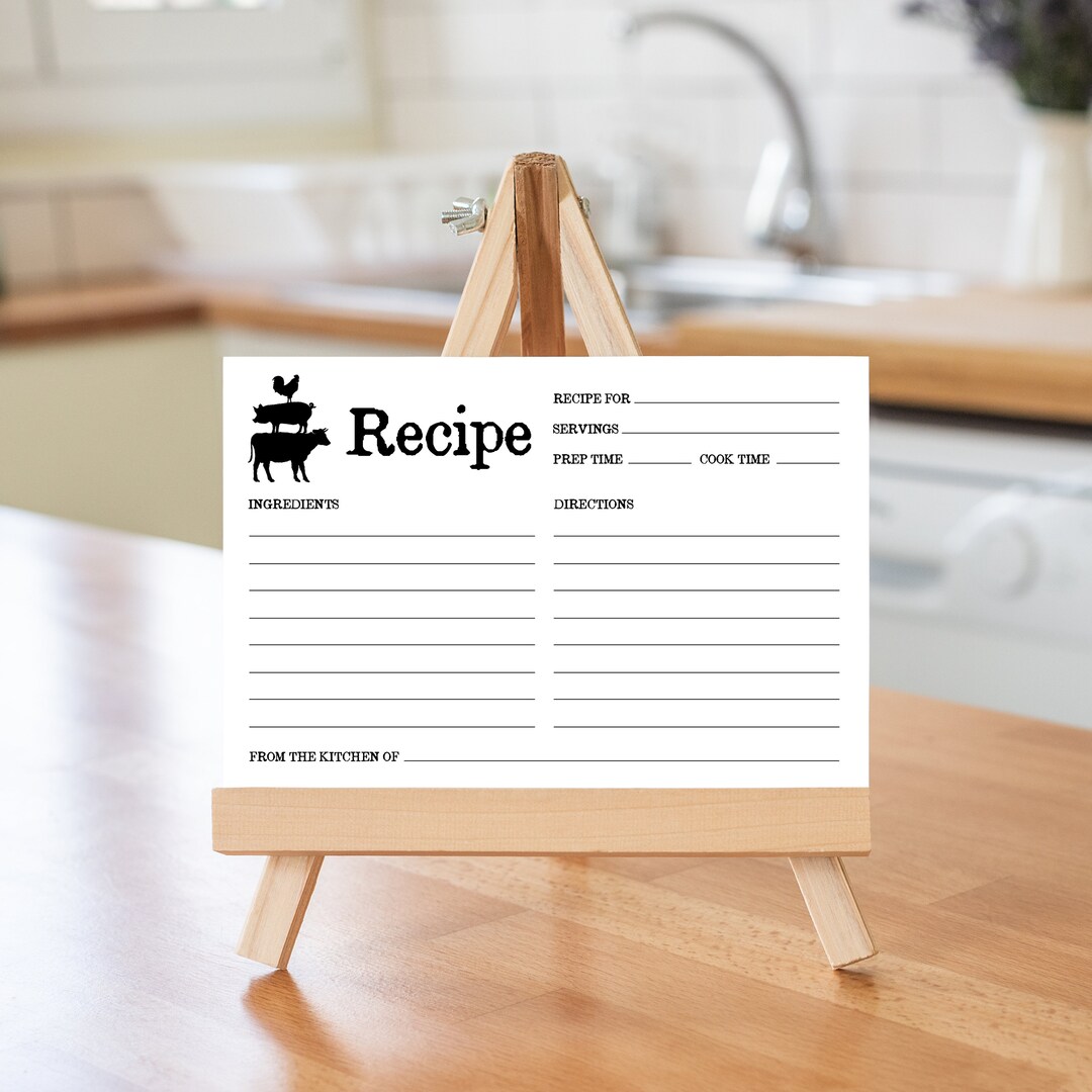 Farmhouse Recipe Cards With Farm Animals, Rustic Design, Printed, 4x6 ...