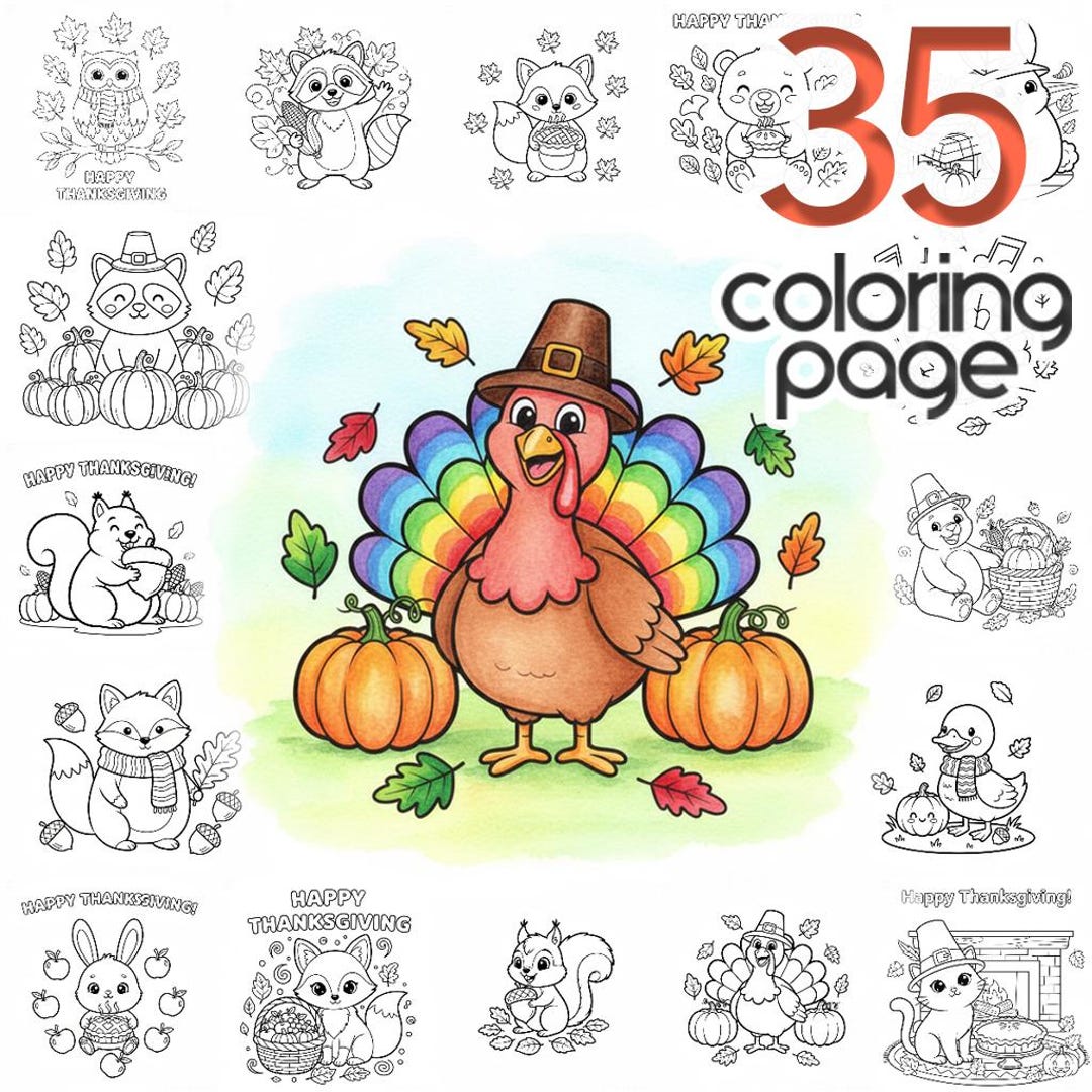 Thanksgiving Animals Coloring Pages: Kids Activity PNG (digital ...