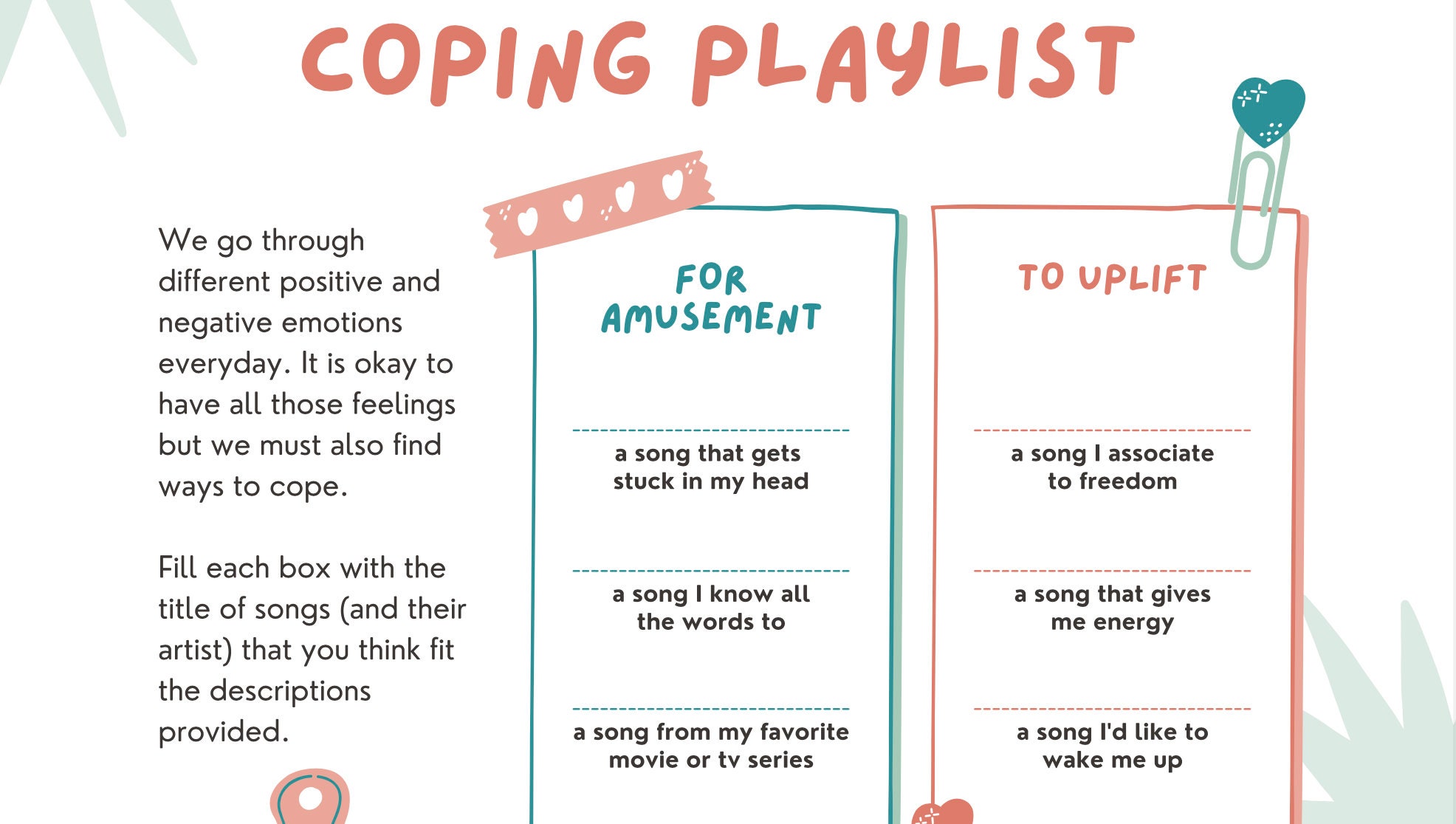 Ultimate Coping Playlist Worksheet | Etsy