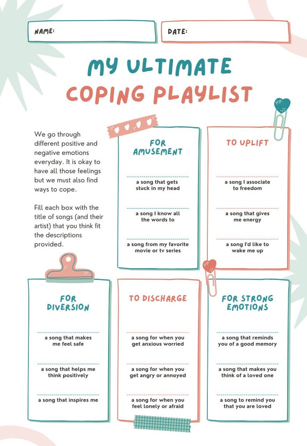 Ultimate Coping Playlist Worksheet - Etsy