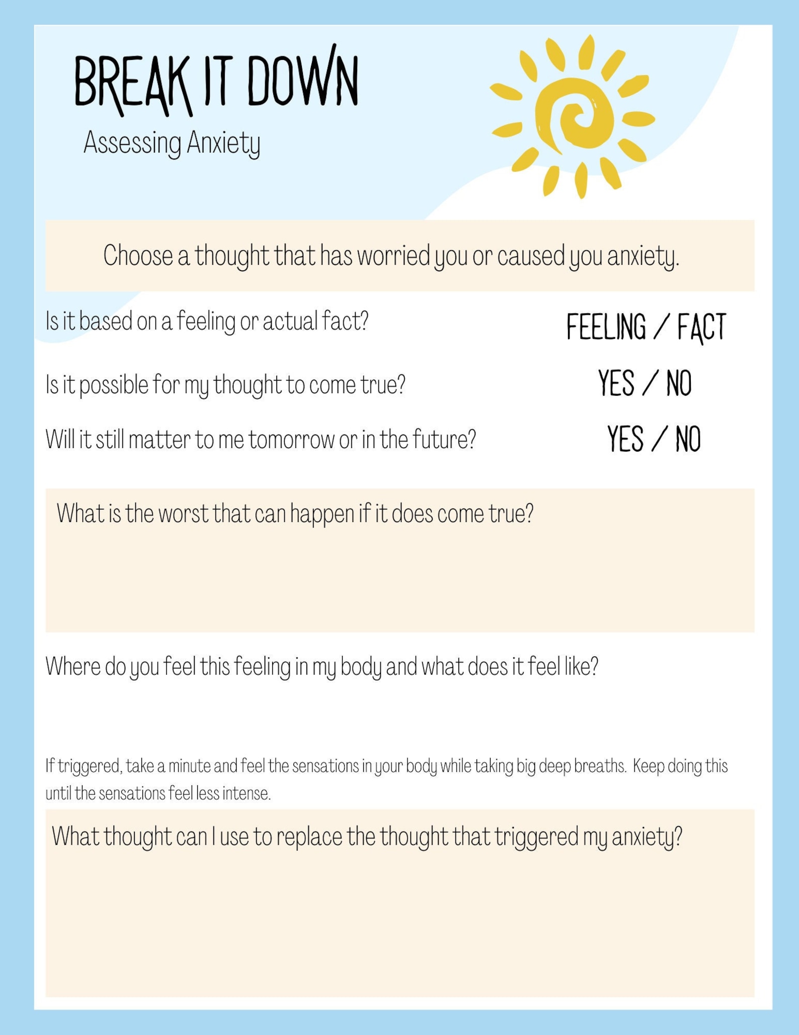 Anxiety Break Down Worksheet color & B/W - Etsy