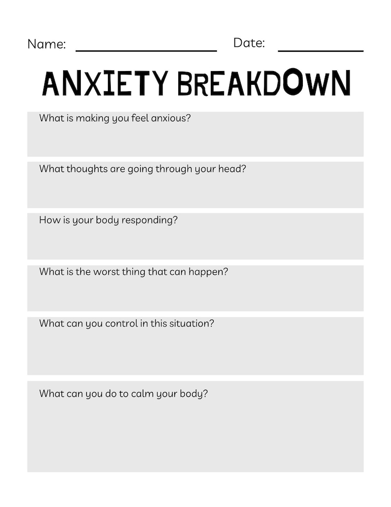 Anxiety Break Down Worksheet (color & B/W) - Etsy
