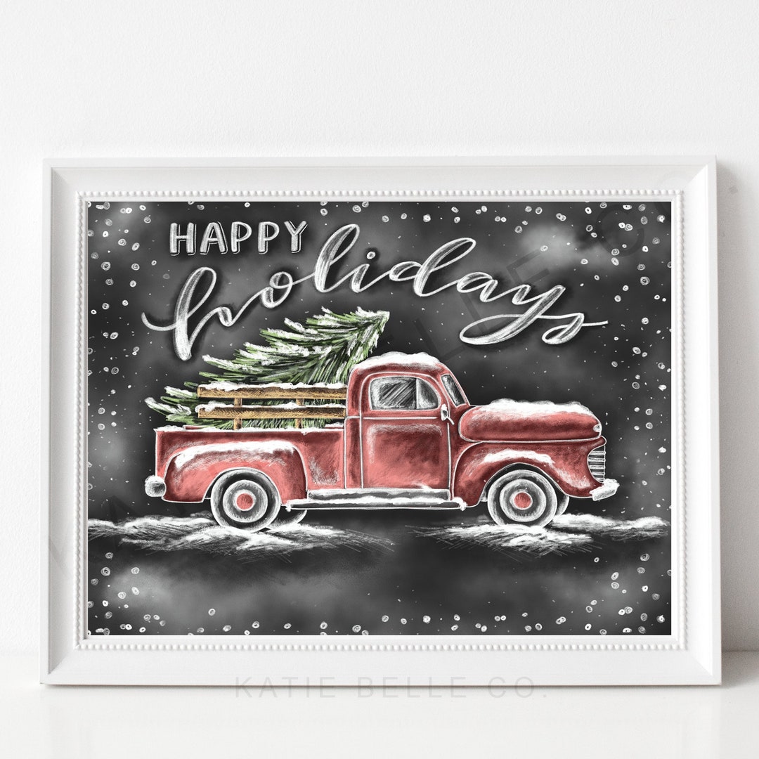 Happy Holidays / Vintage Red Truck / Holiday Truck / Christmas Tree Art ...