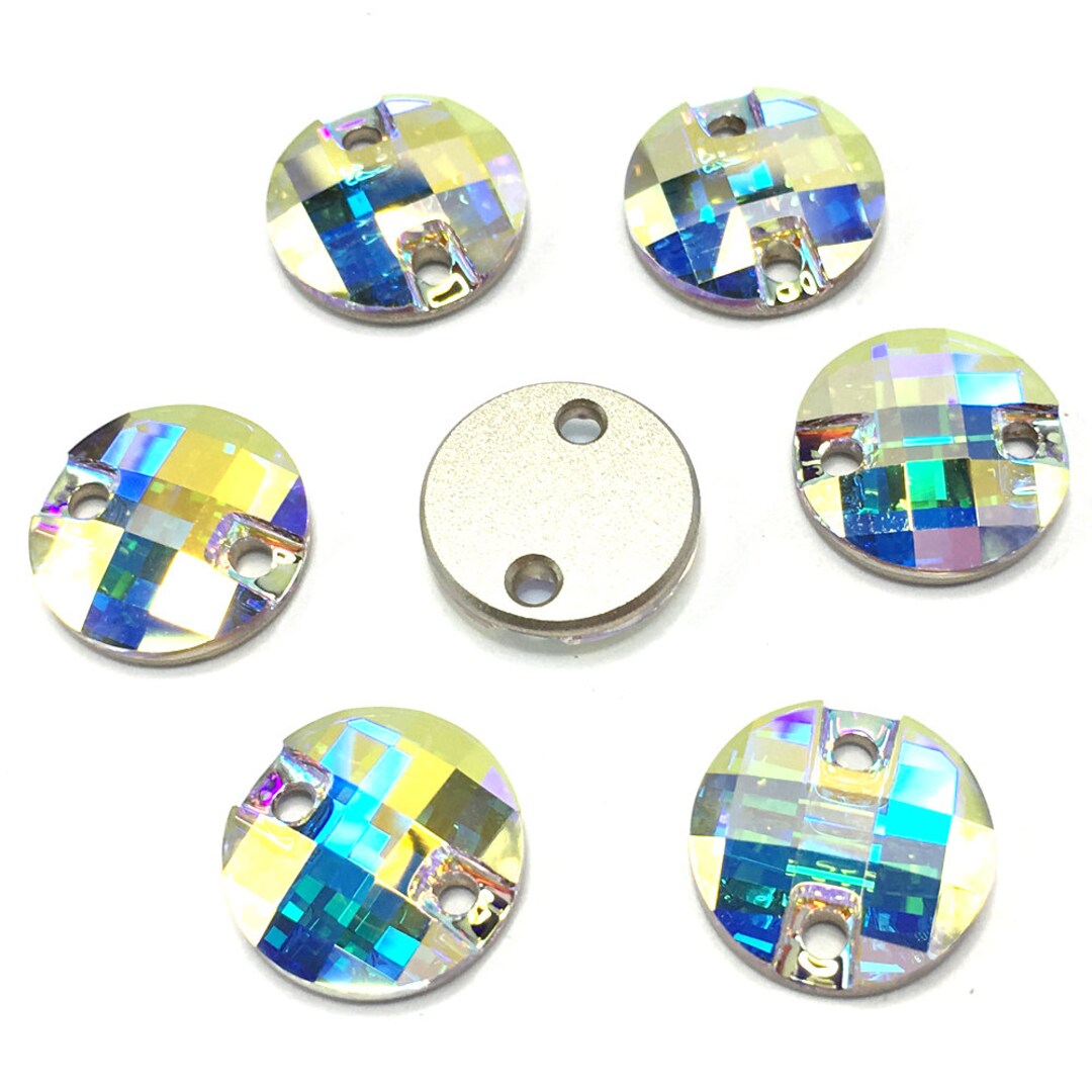 Crystal AB 001 AB Swarovski 3220 Round Chessboard Shaped 10mm Sew-on Stones Two Holes Flatbacks ...