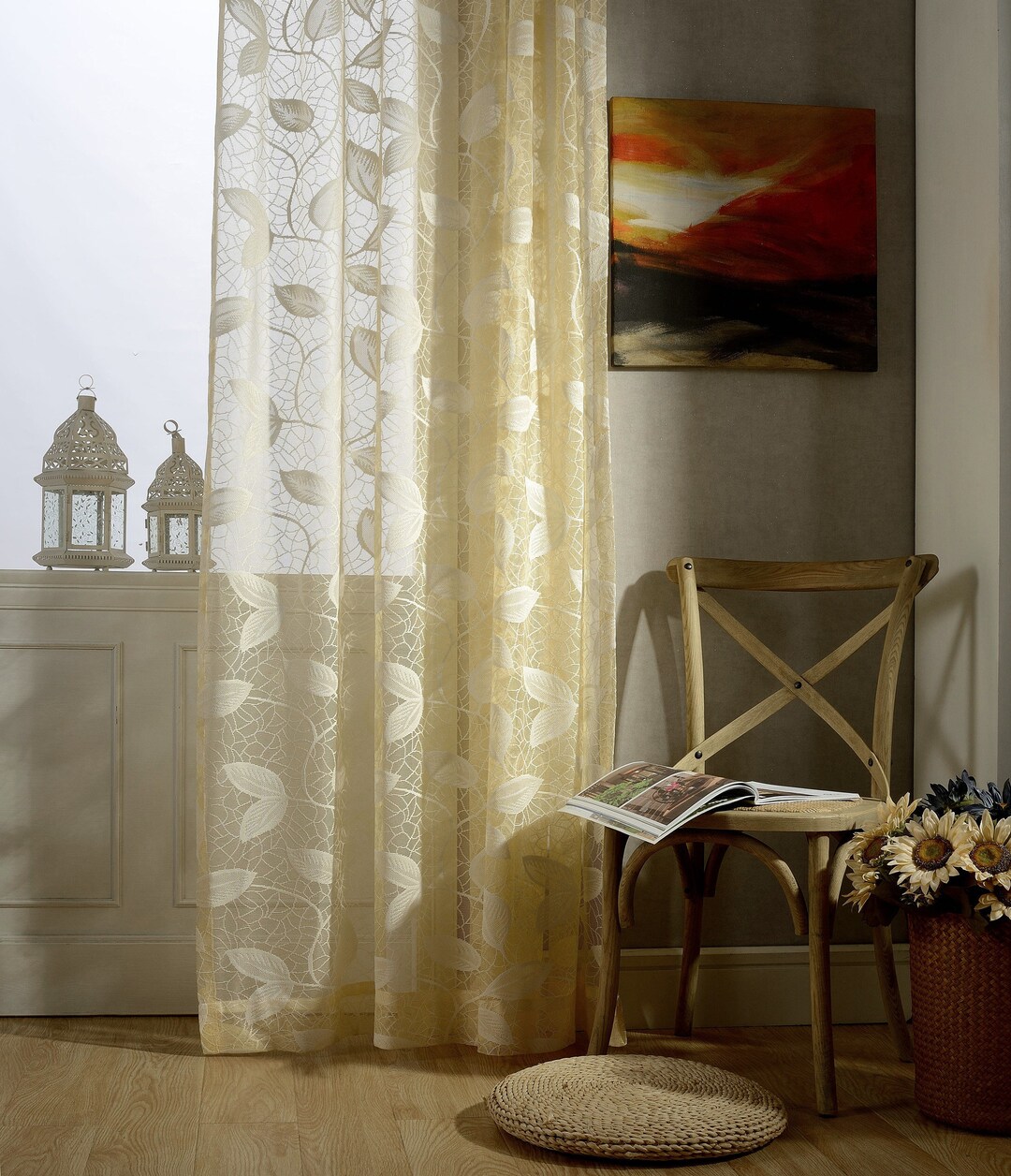 Cream/ Light Yellow Net Sheer Curtain Voile Panel. One Custom Made ...