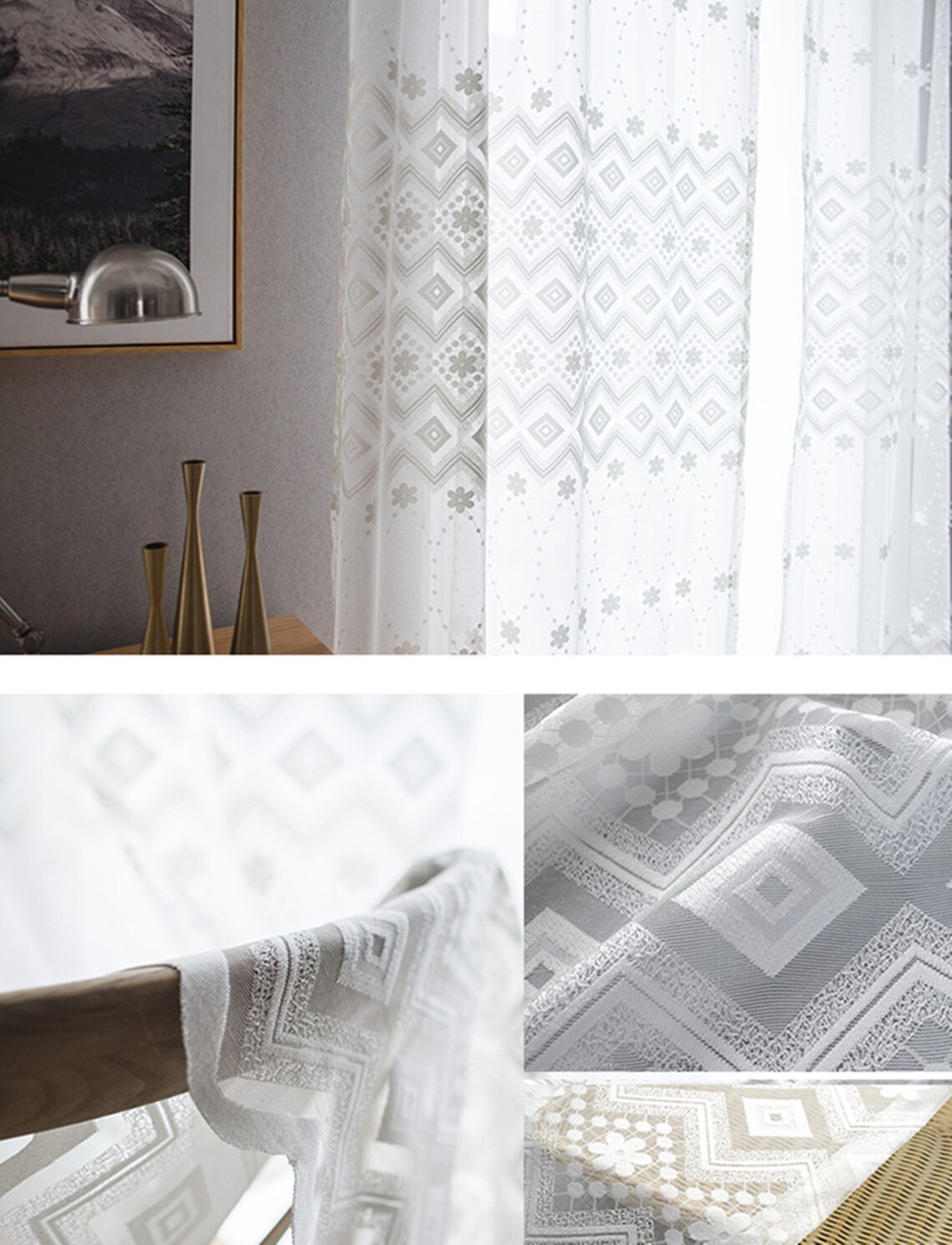 White Geometric Pattern Jacquard Sheer Curtain Panel. One | Etsy