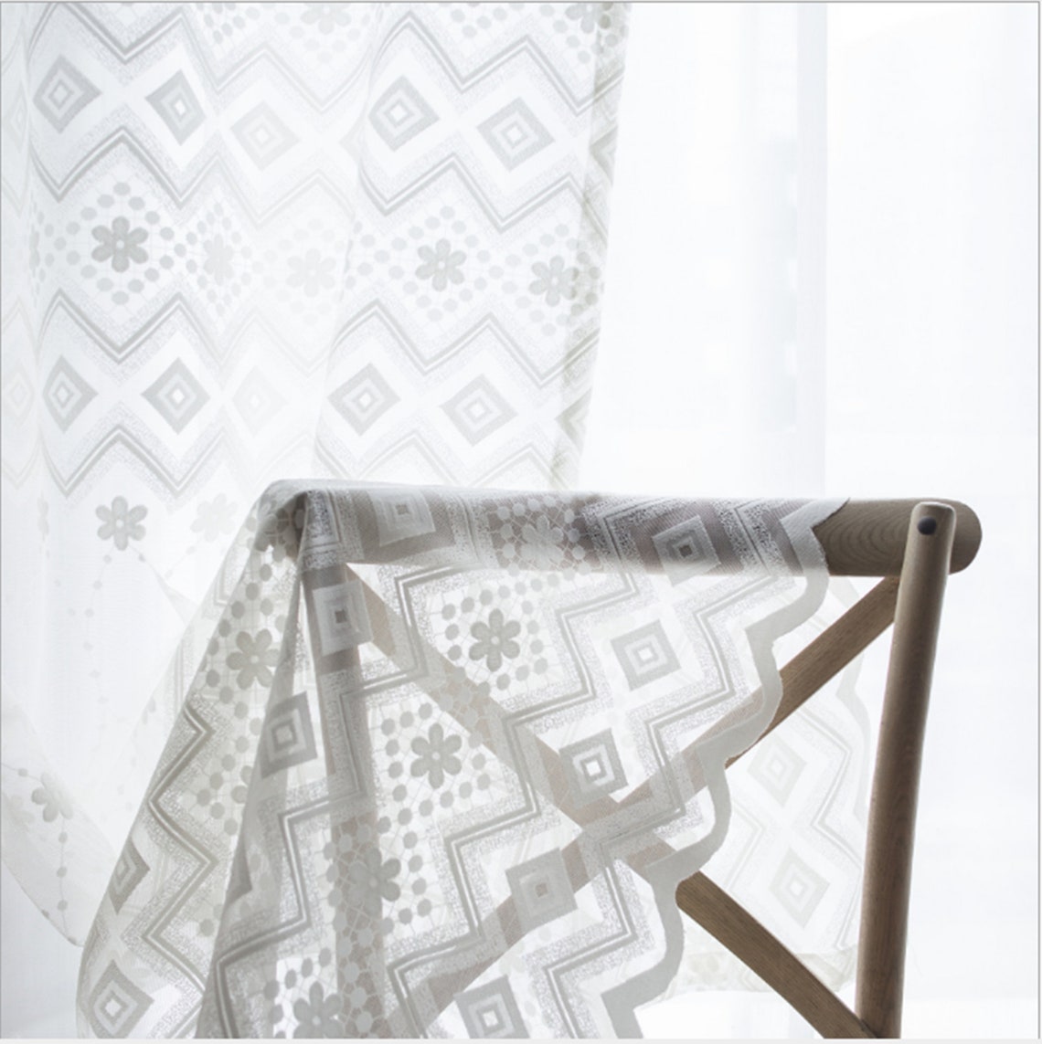 White Geometric Pattern Jacquard Sheer Curtain Panel. One | Etsy