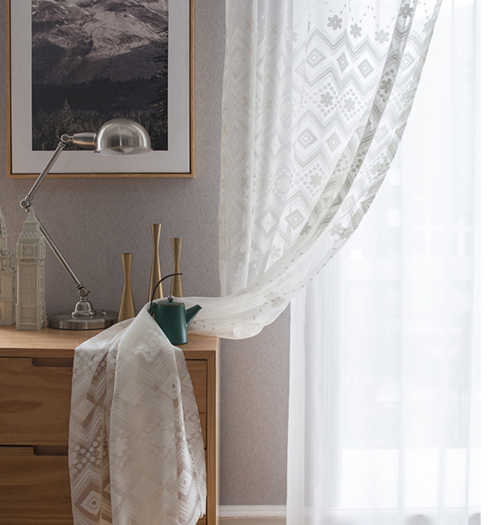 White Geometric Pattern Jacquard Sheer Curtain Panel. One | Etsy